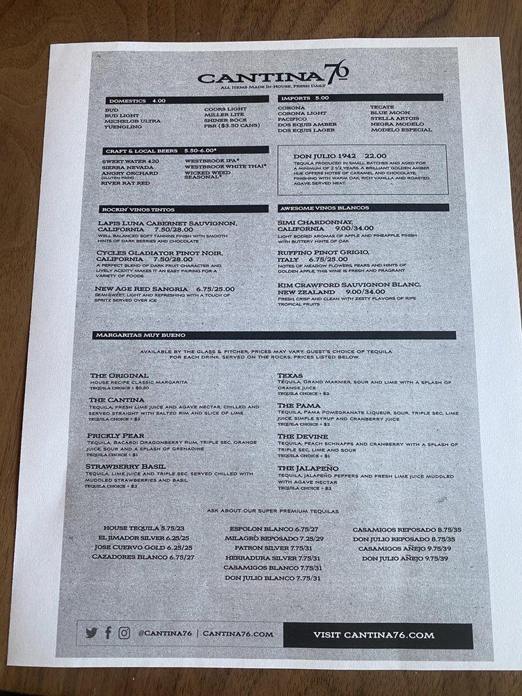 Menu at Cantina 76 pub & bar, Kiawah Island, 219 Farm Lake View Rd