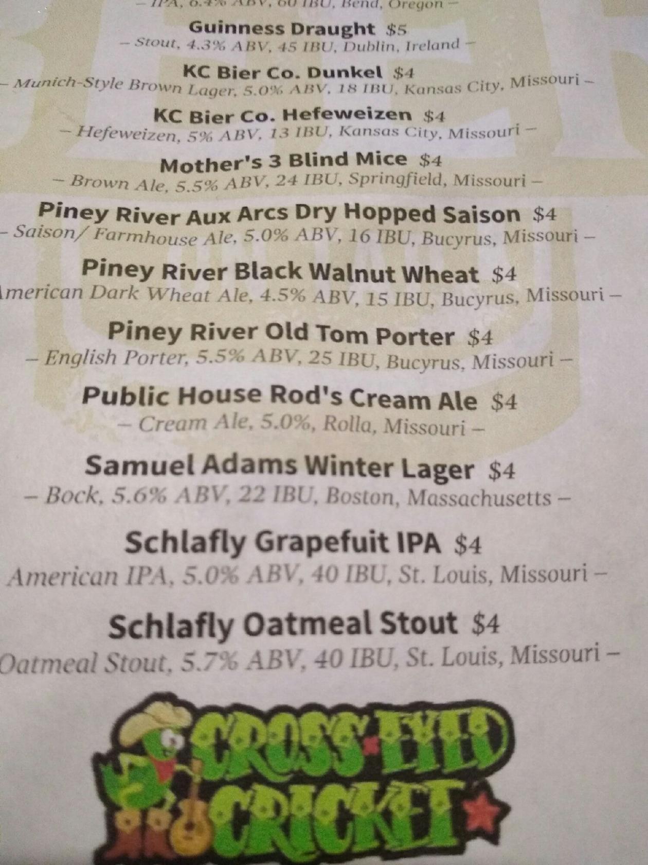 Menu at Fitter's Pub, Warrensburg