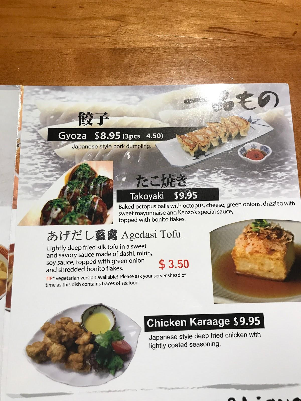 Menu at Kenzo Ramen restaurant, London