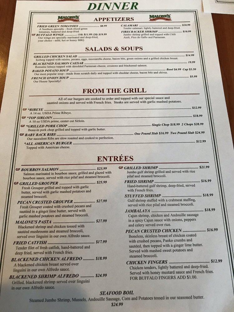 Menu at Malone's pub & bar, Atlanta, Virginia Ave