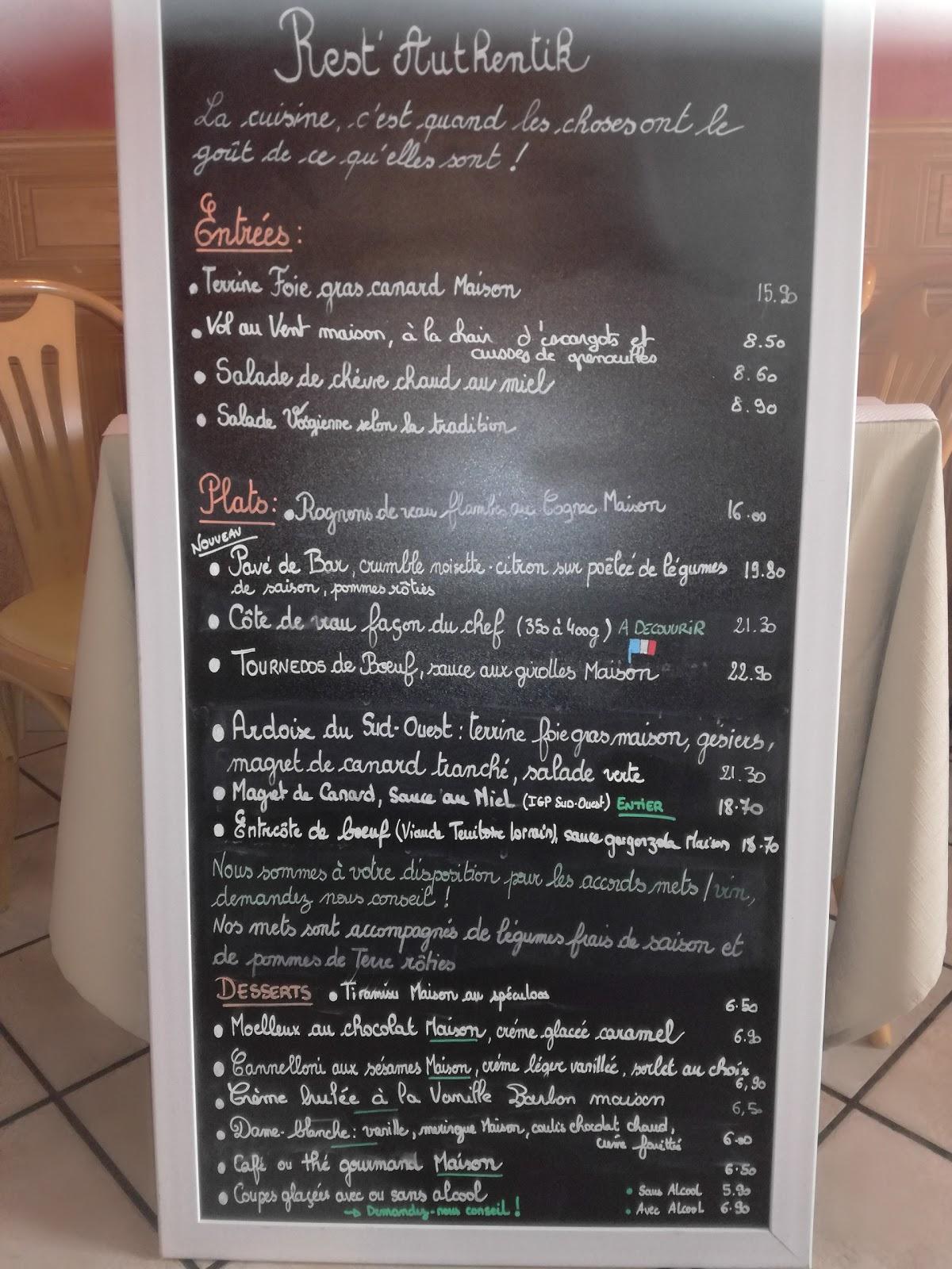 Menu au Rest'Authentik restaurant, Pagny-sur-Moselle