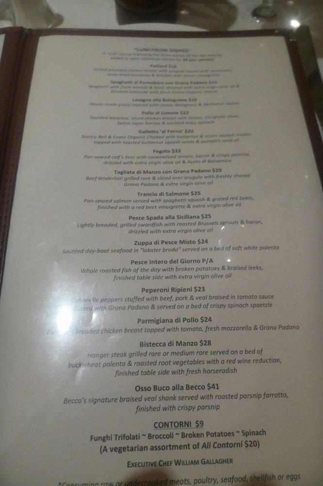 Menu at Becco restaurant, West New York