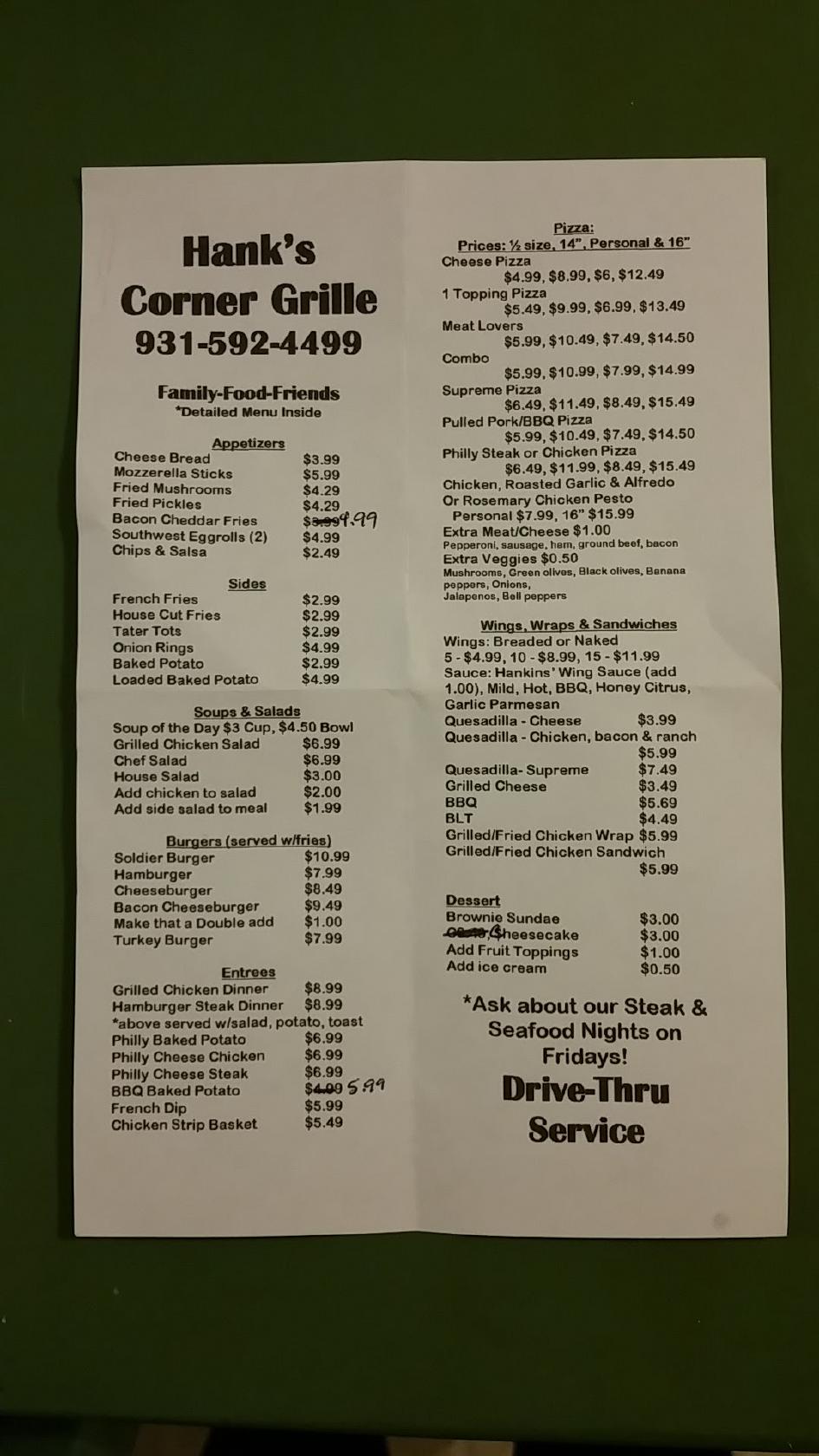 Menu at Hank's Corner Grille pub & bar, Tracy City