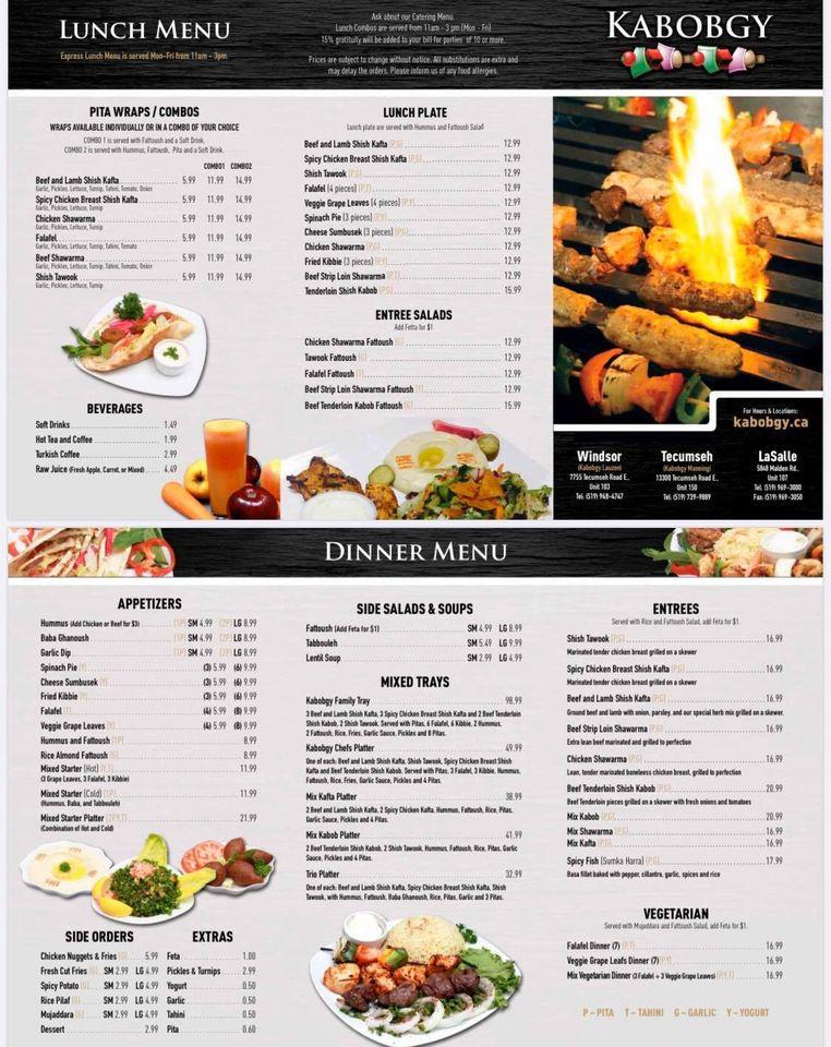 Menu at KABOBGY restaurant, Windsor, Tecumseh Rd