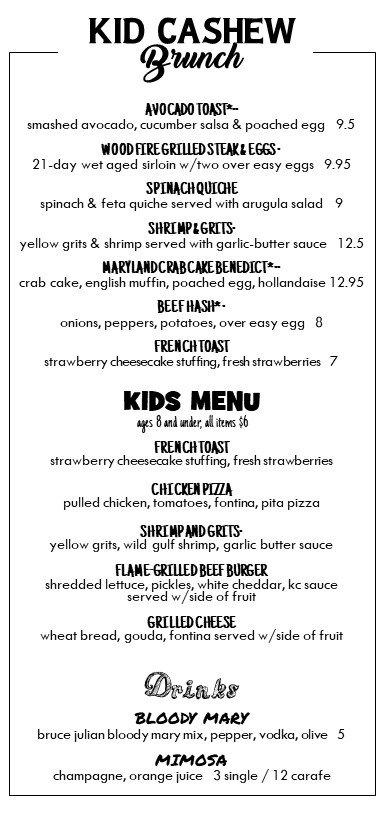 Menu at KID CASHEW restaurant, Charlotte