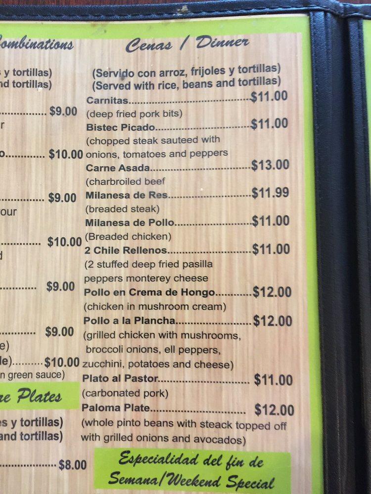 Menu at La Paloma restaurant, San Bruno