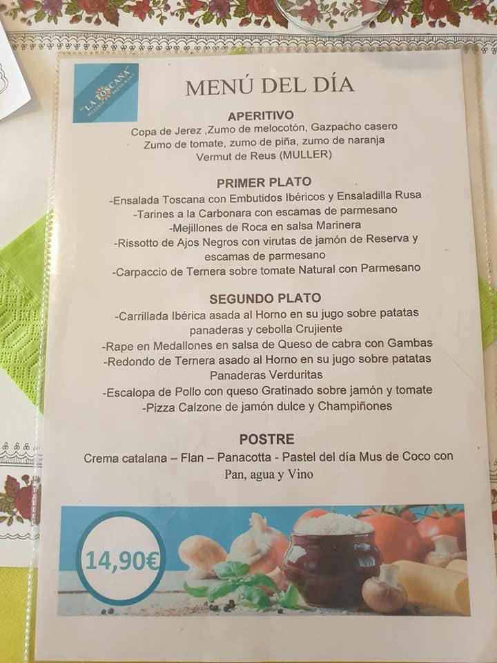 Menu at La Toscana restaurant, Reus, Carrer Escultor Rocamora