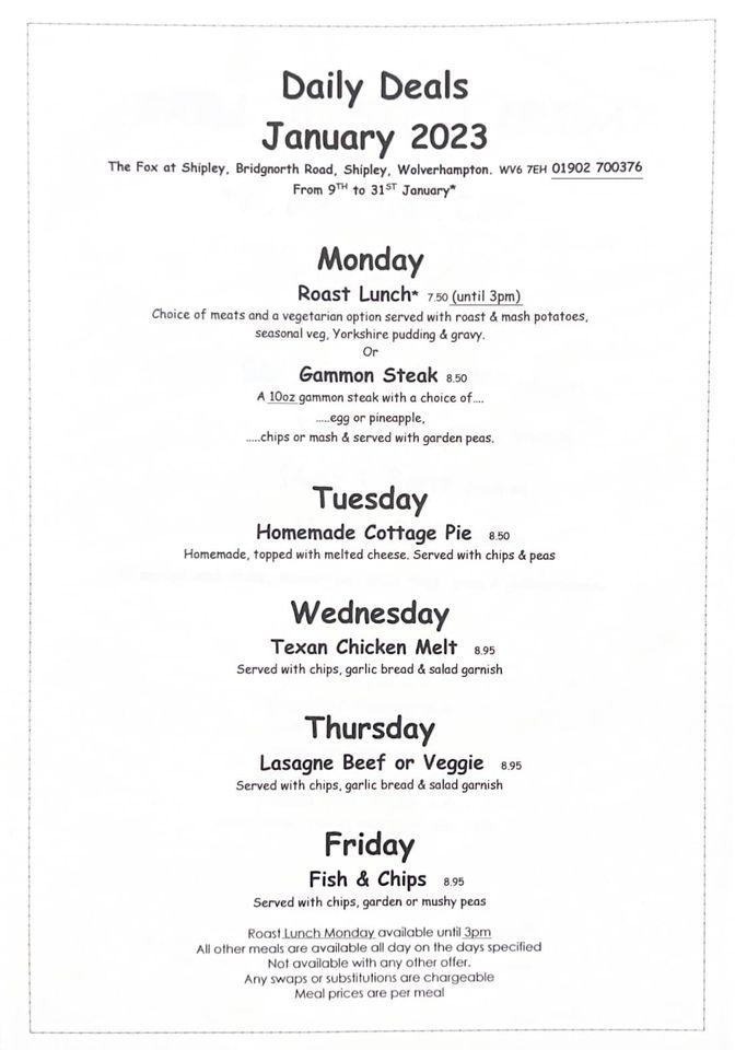 Menu at The Fox at Shipley pub & bar, Wolverhampton, Bridgnorth Rd