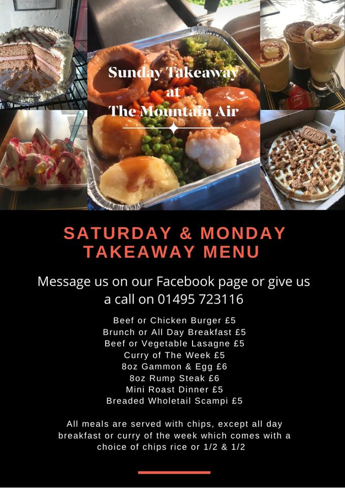 Menu at The Mountain Air restaurant, Tredegar, Llwynhelyg
