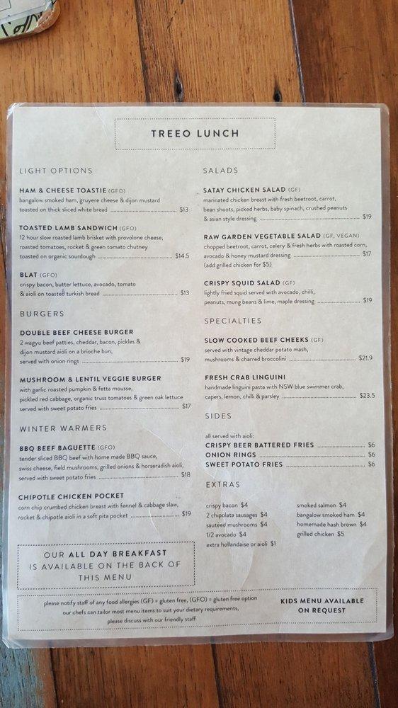 Menu at Cafe Treeo, Sawtell