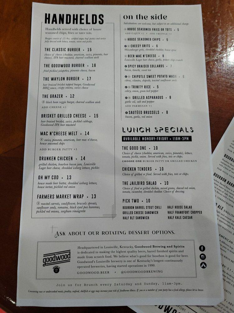 Menu at Goodwood Indy restaurant, Indianapolis