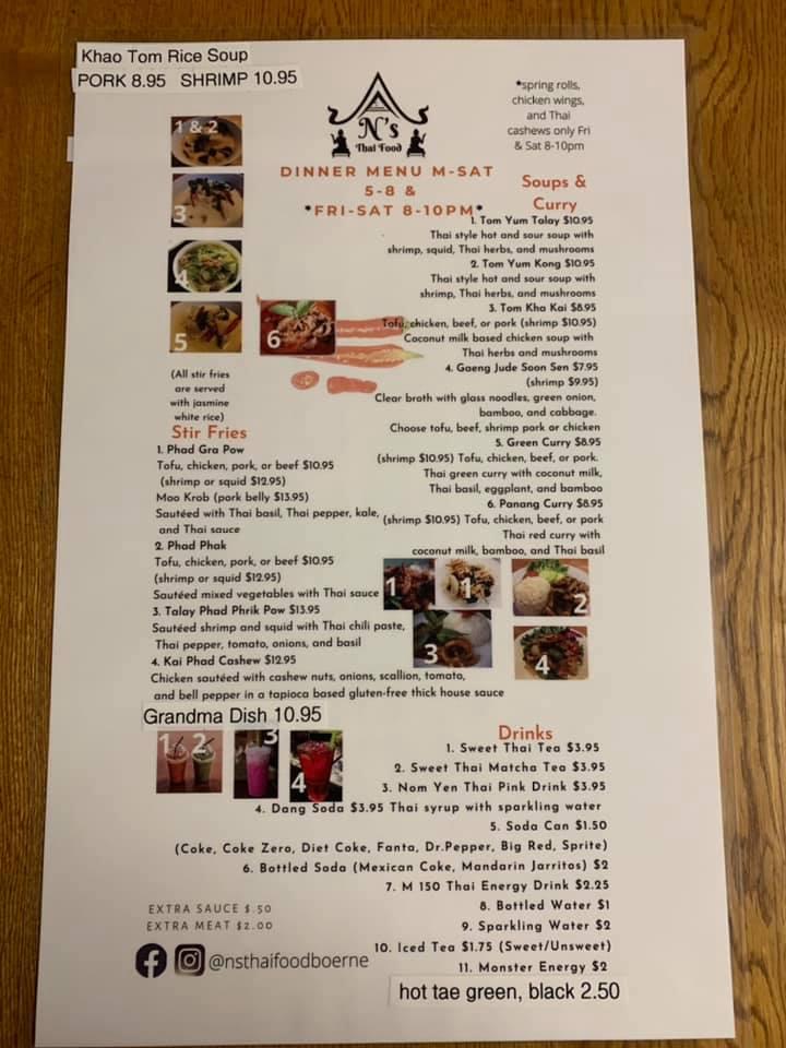 Menu at N's Thai Food restaurant, Boerne