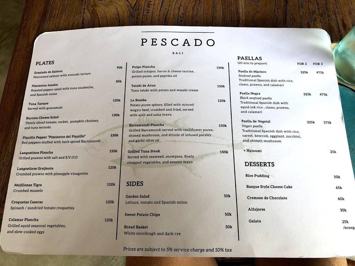 Menu at Pescado Bali restaurant, Pererenan, Jl. Pantai Pererenan No.112