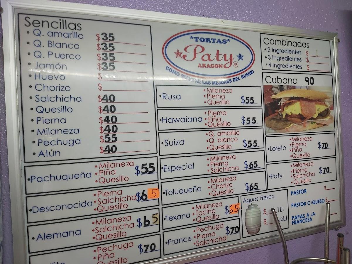 Menu at Tortas paty ARAGON restaurant, Mexico