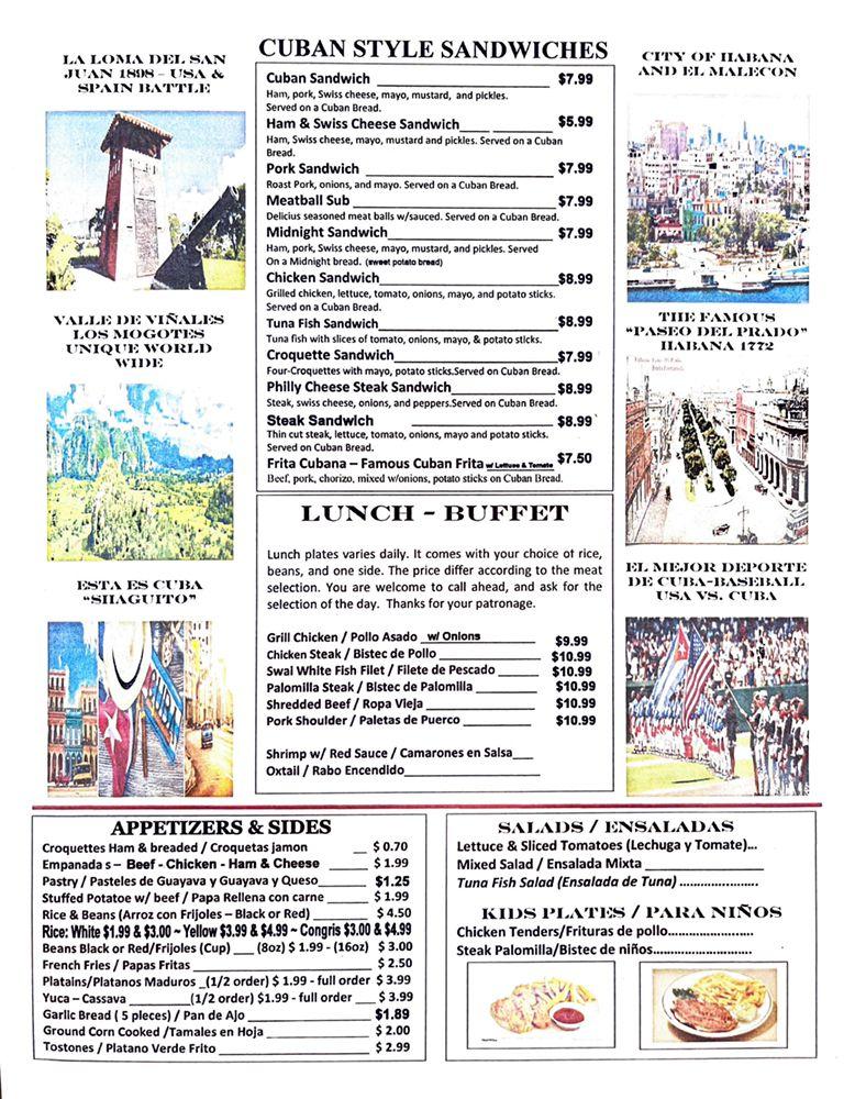 Menu at Villa Pinar Cuban Cafeteria, Summerfield