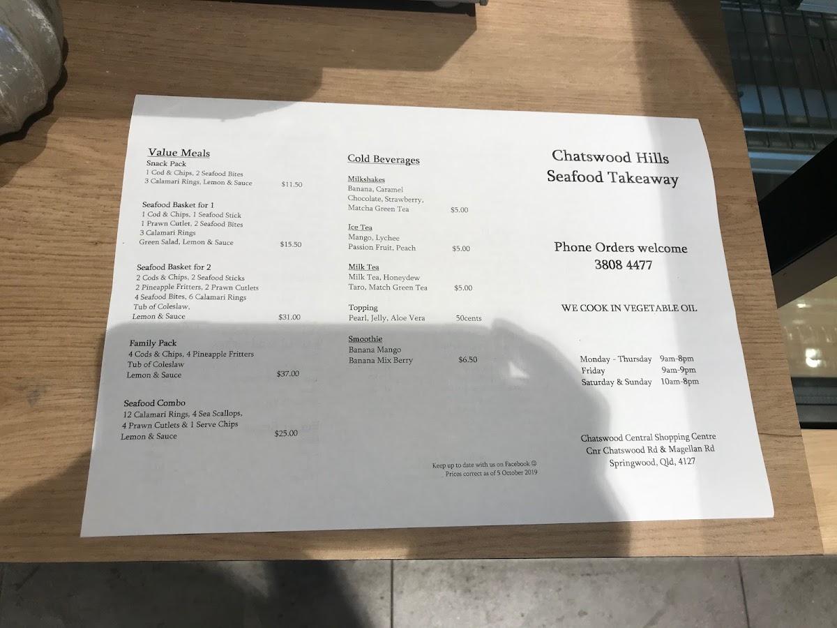 Menu at Chatswood Hills Seafood TakeAway Fish & Chips fast food ...
