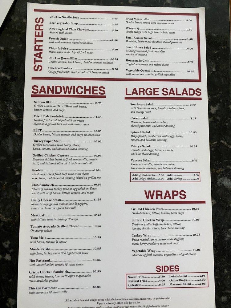 Menu at Cristy's Restaurant, Westbrook