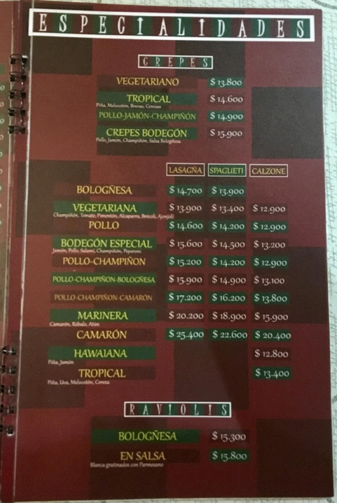 Carta del restaurante El Bodegon, Duitama