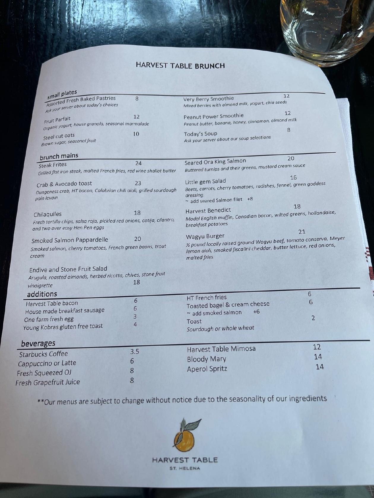 Menu at Harvest Table restaurant, Saint Helena, 1 Main St