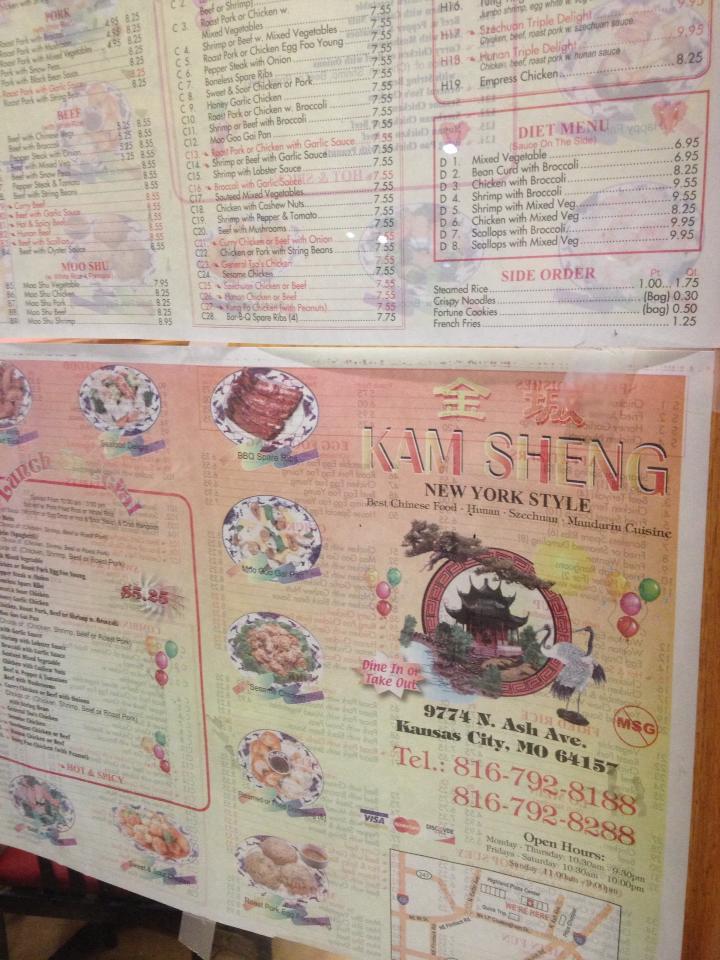 Menu at Kam Sheng restaurant, Kansas City, N Ash Ave