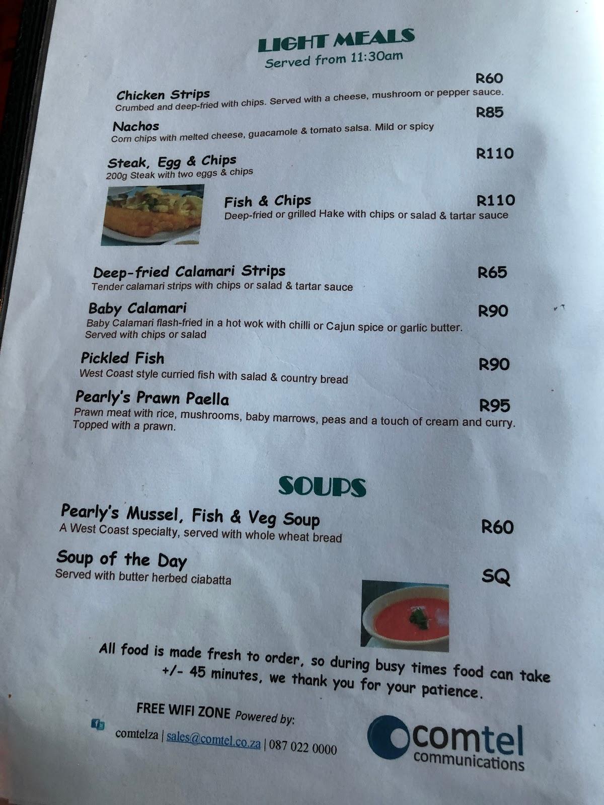 Speisekarte von Pearly’s Restaurant, Langebaan