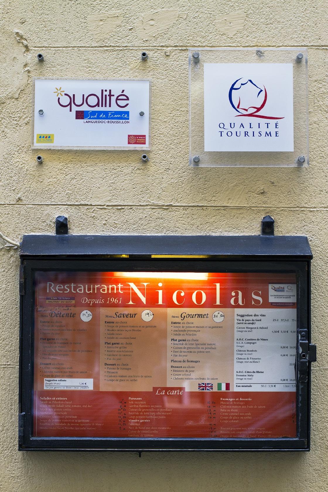 Menu at Restaurant Nicolas, Nimes, 1 Rue Poise