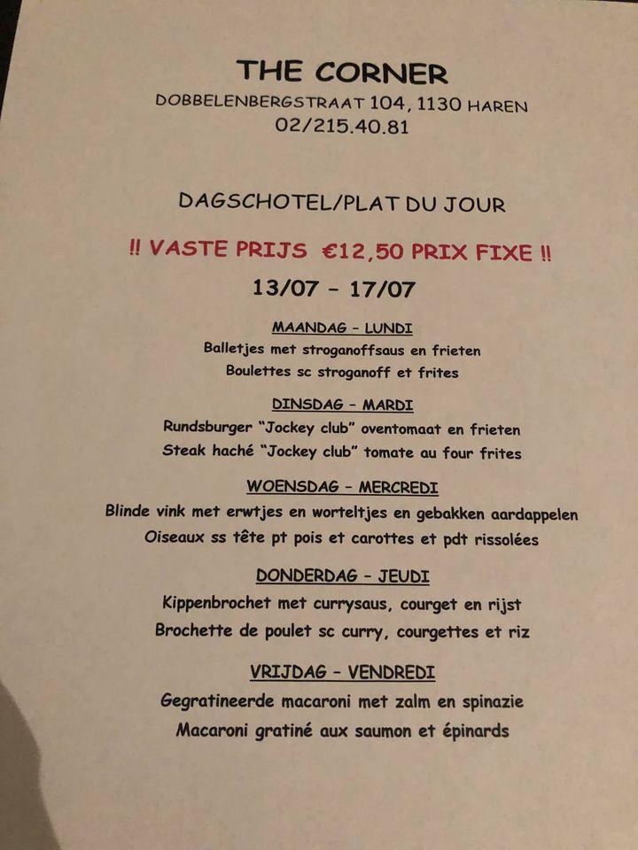 Menu at The Corner Haren, Brussels