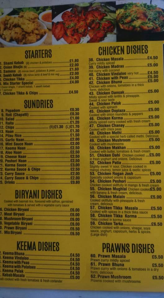 Menu at Yaadgaar Asian fast food, Huddersfield