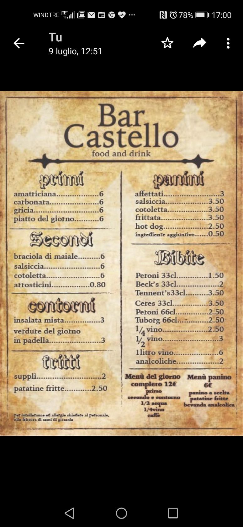 Menu da Bar Castello, L'Aquila