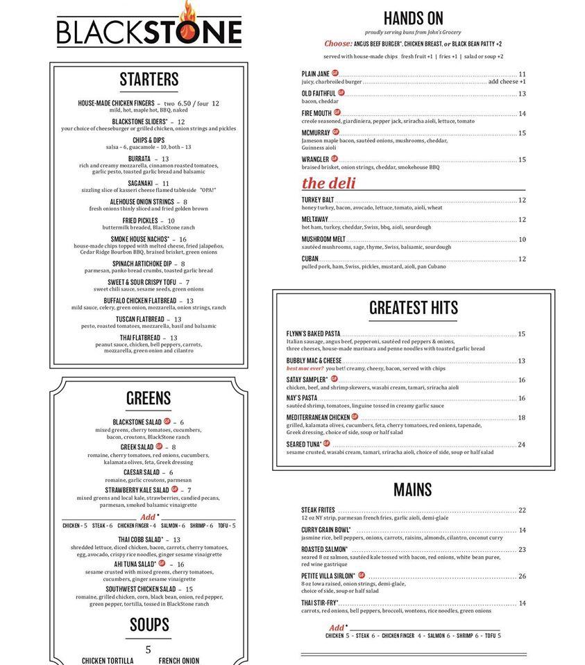 Carta del restaurante BlackStone, Iowa City, 503 Westbury Dr #1