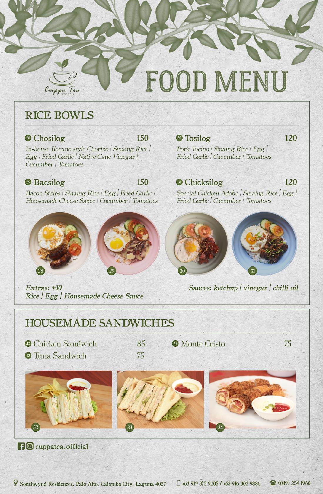 Menu at Cuppa Tea restaurant, Calamba