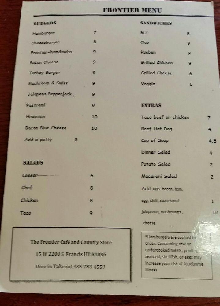 Menu at Frontier Cafe & Country Store, Francis