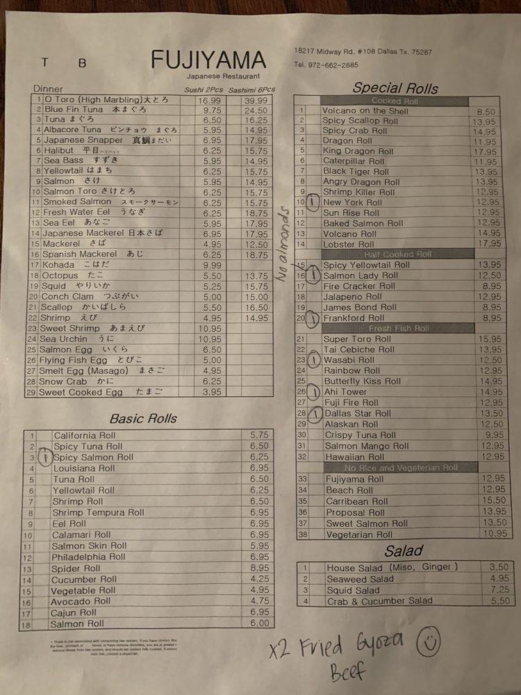 Menu at Fujiyama restaurant, Dallas