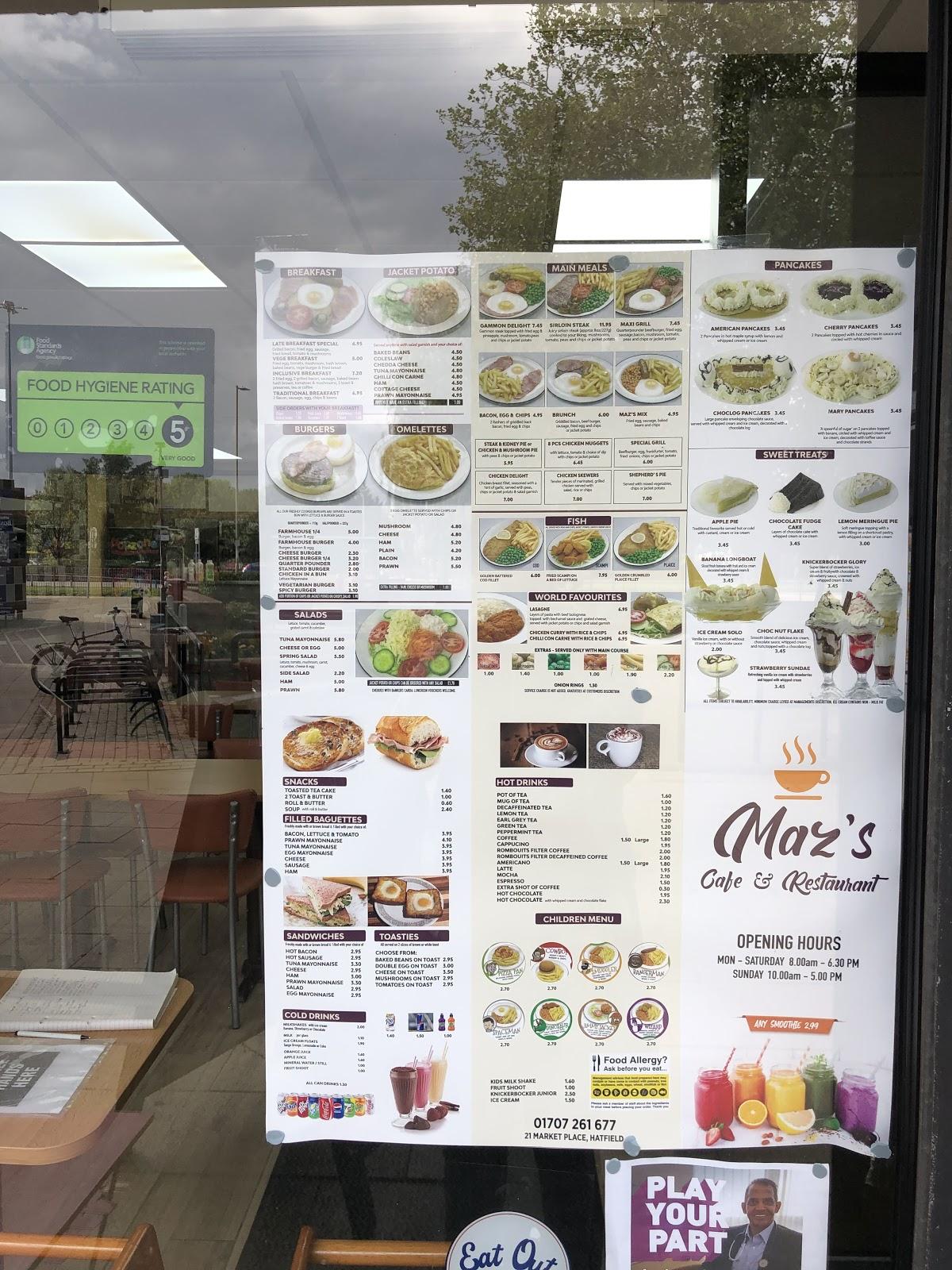 Menu at Maz’s Cafe & Restaurant, Hatfield