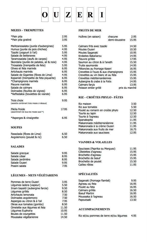 Menu au Ouzeri restaurant, Montréal