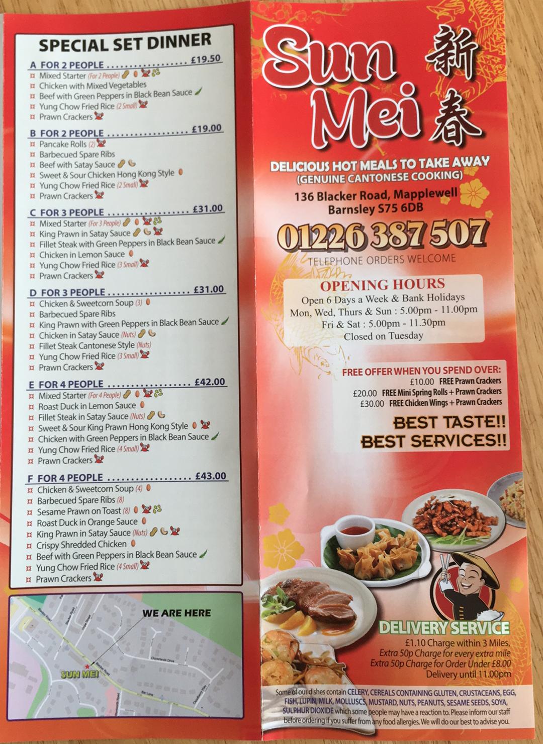 Menu at Sun Mei restaurant, Barnsley