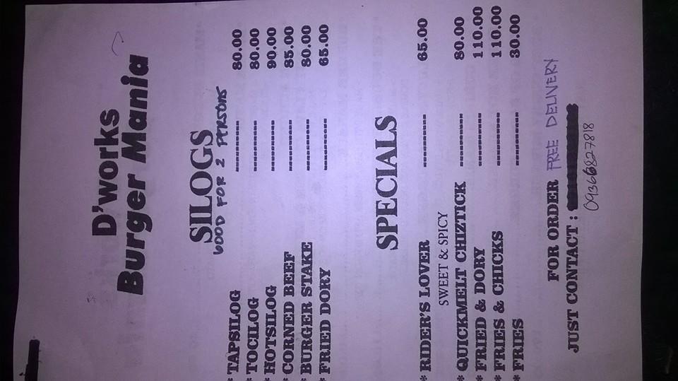 Menu at Dworks Burger MANIA restaurant, Pasay