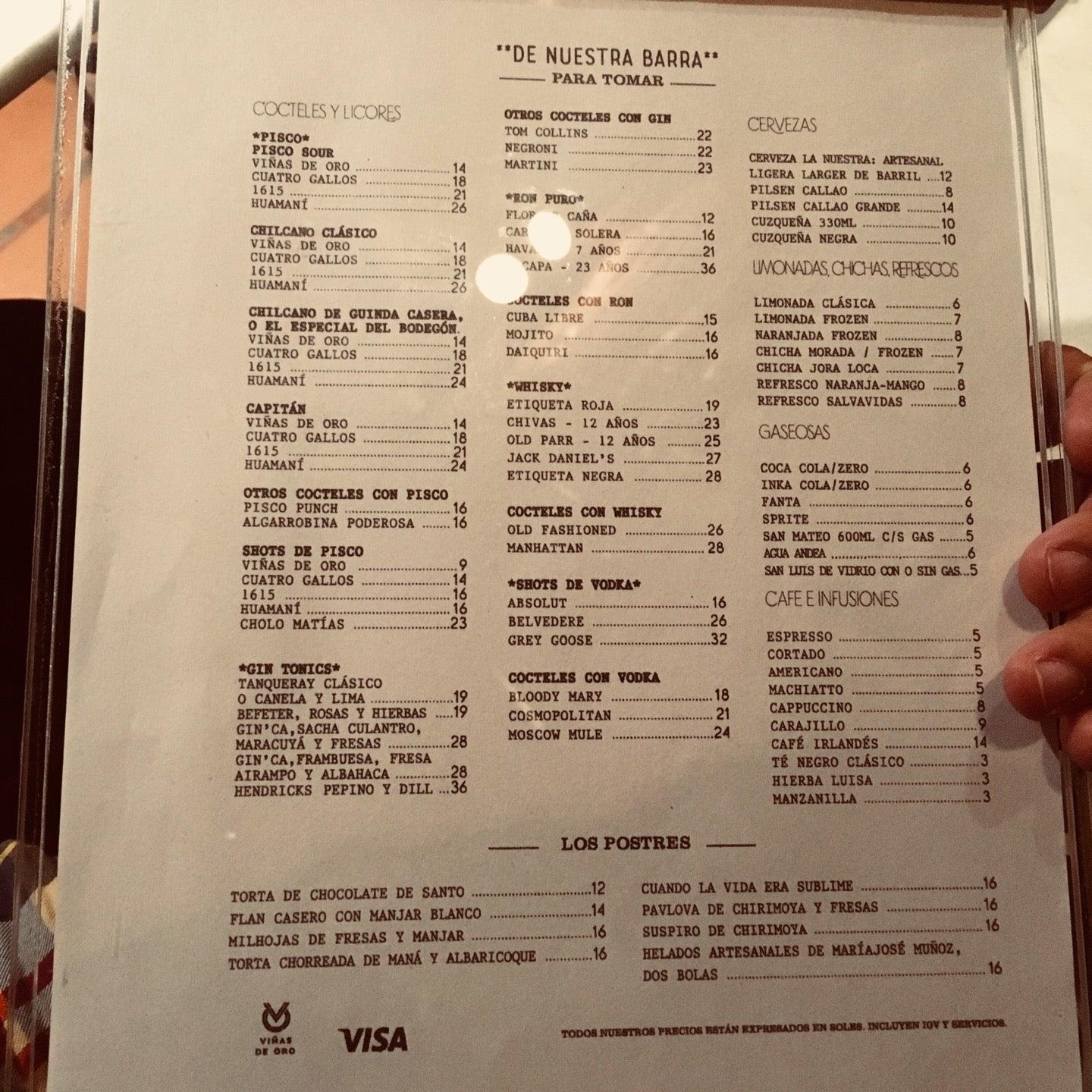 Menu at El Bodegon de Miraflores restaurant, Miraflores, C. Tarapacá 197