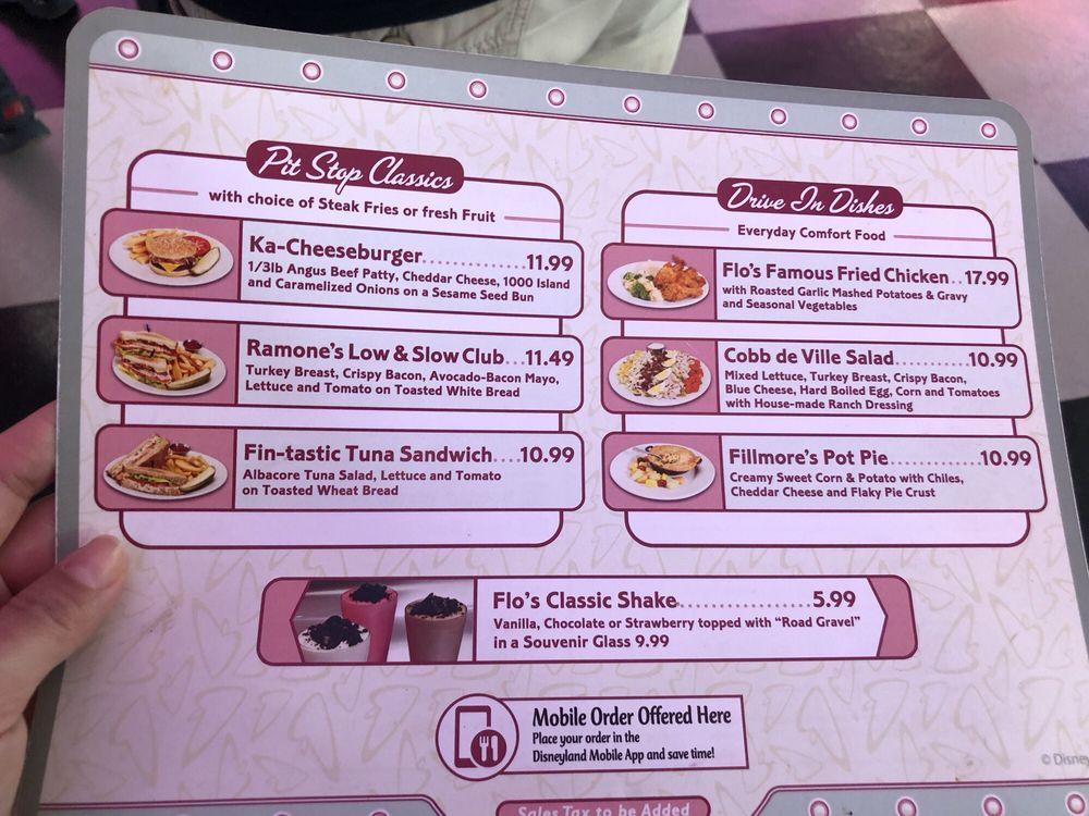 Menu at Flo's V8 Cafe, Anaheim, Disney California Adventure Park