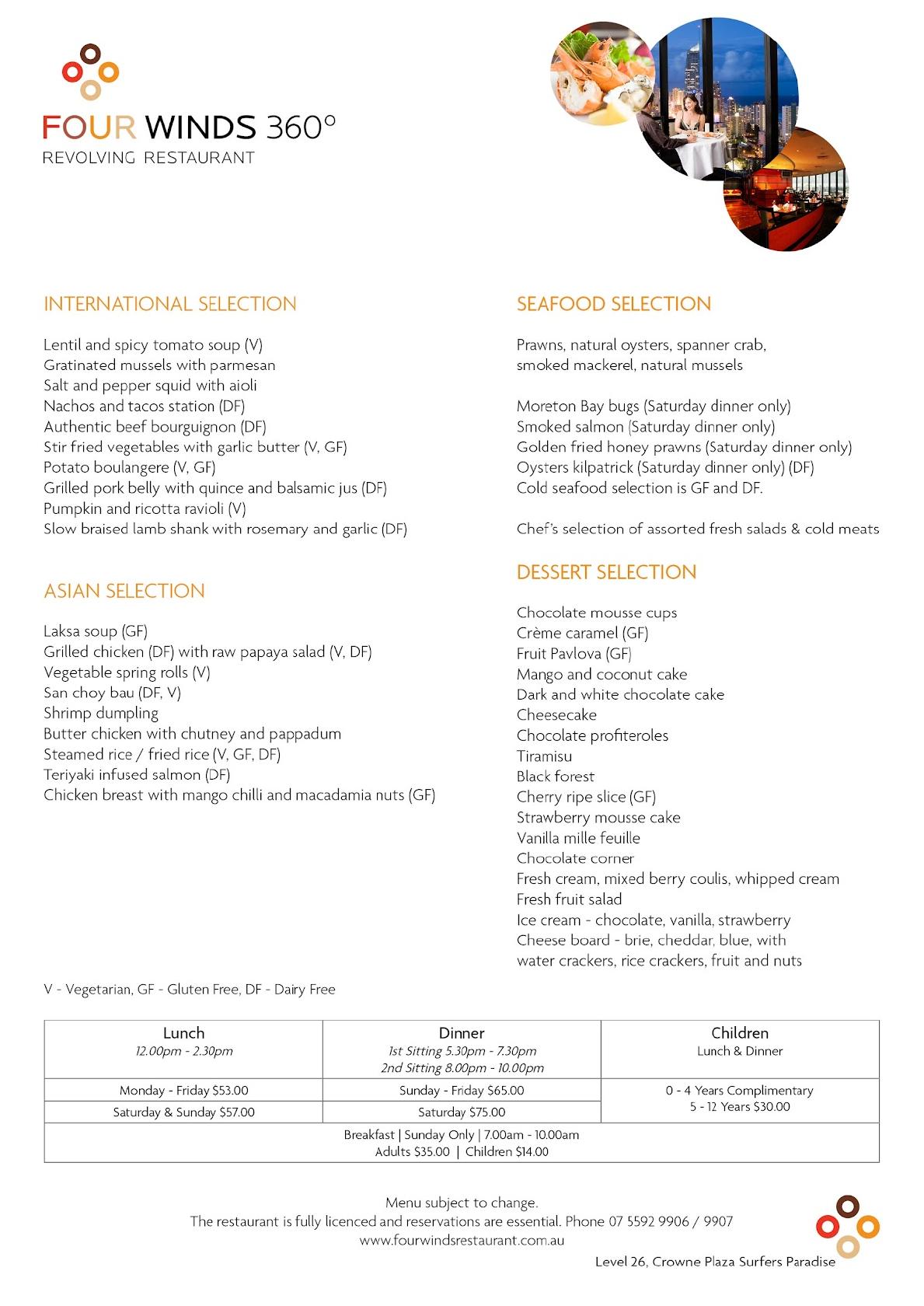 Menu at Four Winds 360 Revolving Restaurant, Surfers Paradise