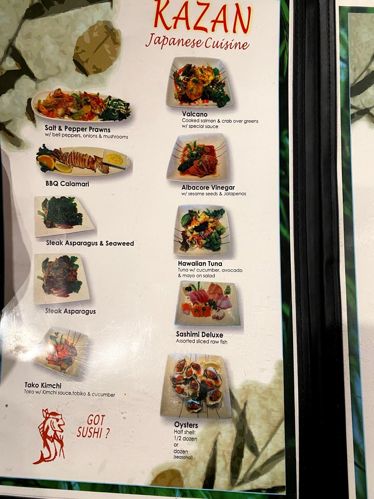 Menu at Kazan Japanese Cuisine & Sushi Bar, Vacaville