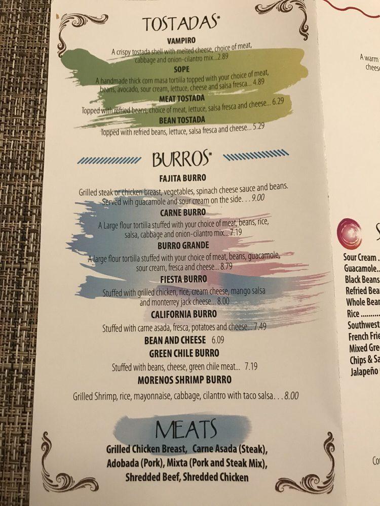 Menu at Moreno's Mexican Grill Express pub & bar, Chandler, S Arizona Ave