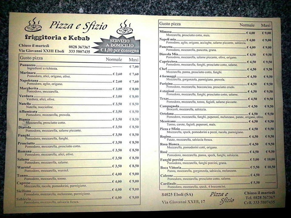 Menu at Pizzeria Pizza e Sfizio, Eboli