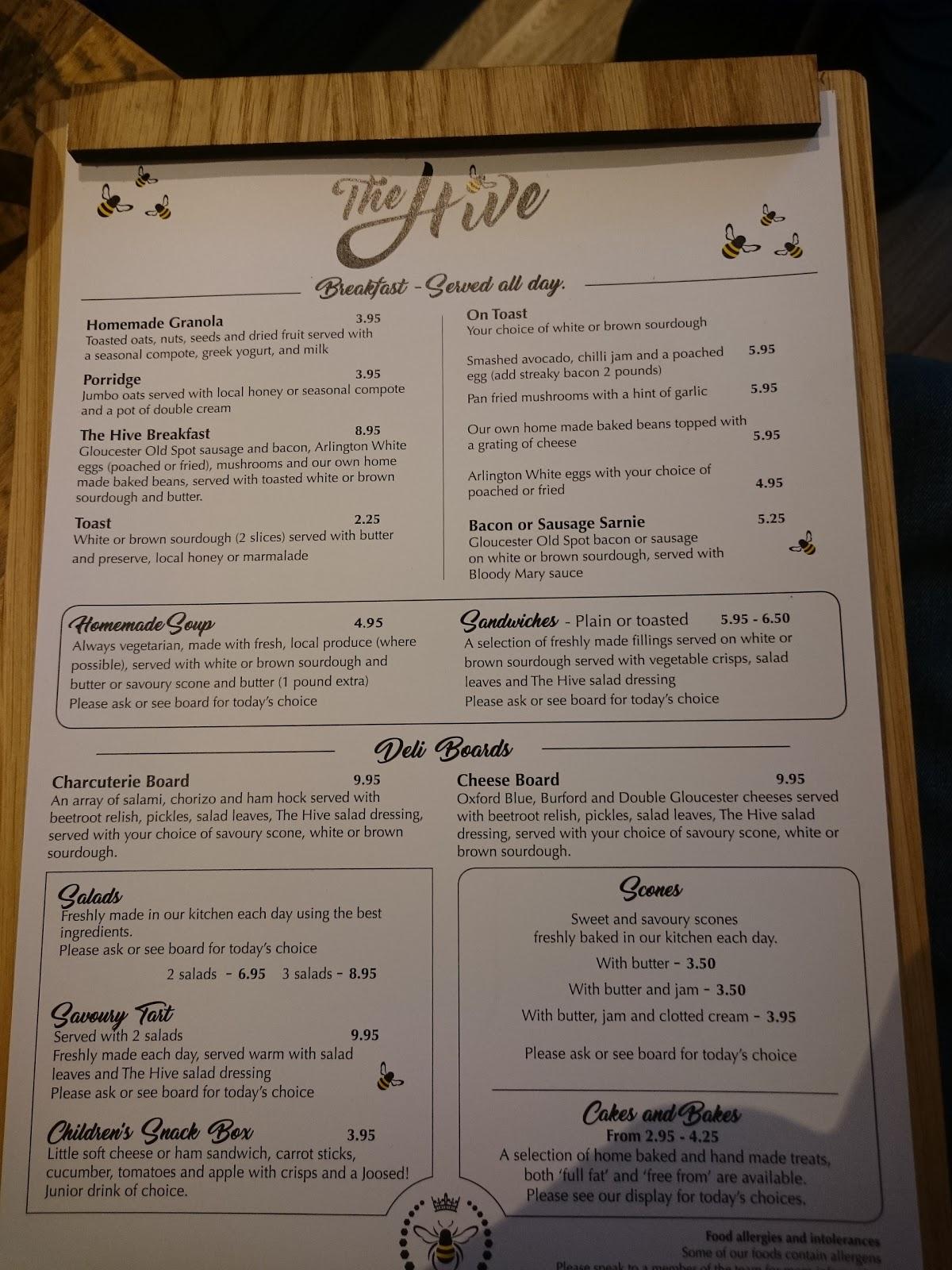 Menu at The Hive cafe, Stow-on-the-Wold