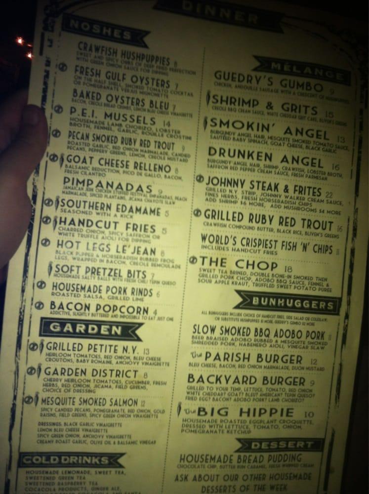 Menu at The Parish restaurant, Tucson