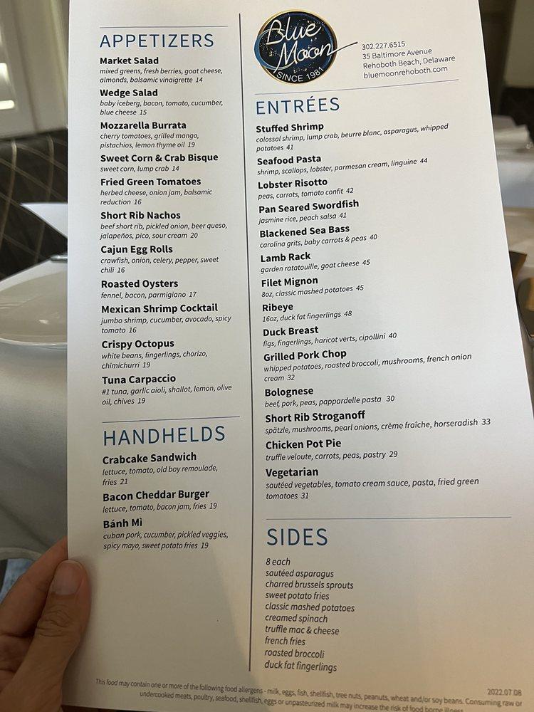 Menu at Blue Moon pub & bar, Rehoboth Beach, 35 Baltimore Ave