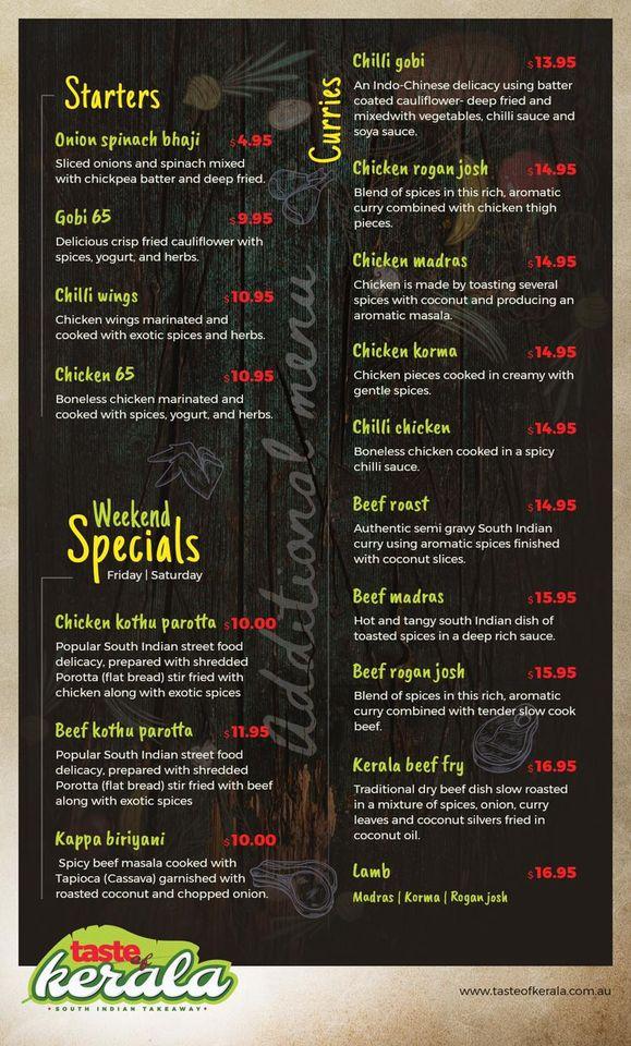 Menu at Taste of Kerala restaurant, Bundaberg Central, 3A Bingera St