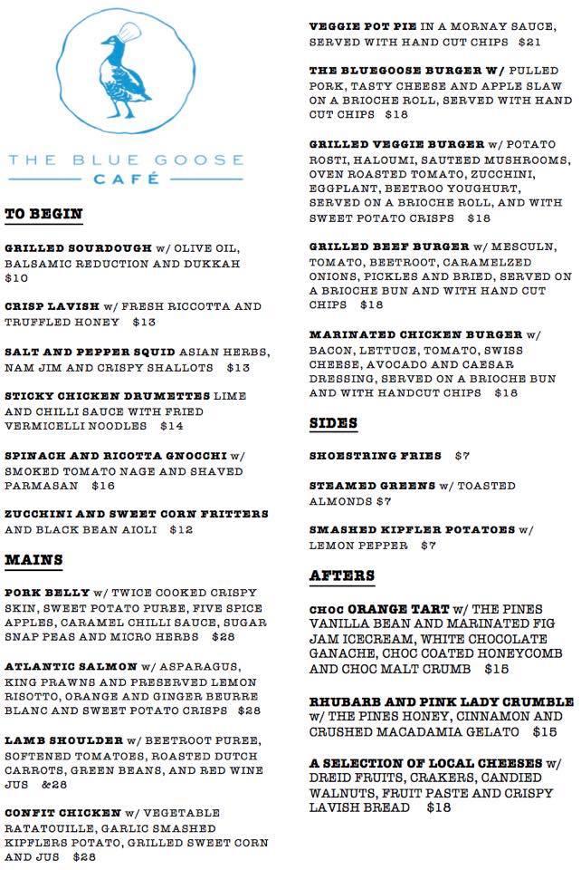 Menu at The Blue Goose cafe, Gerringong