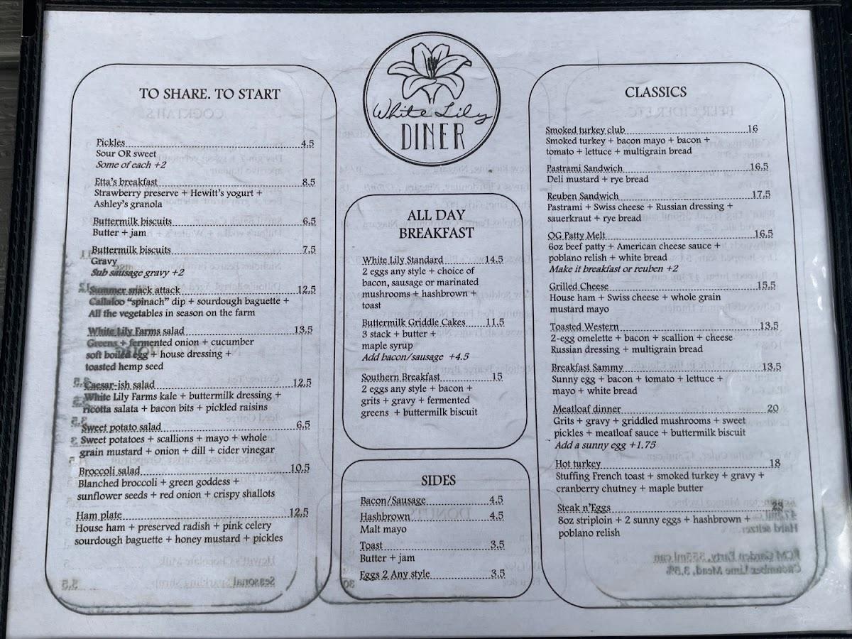 Menu at White Lily Diner restaurant, Toronto