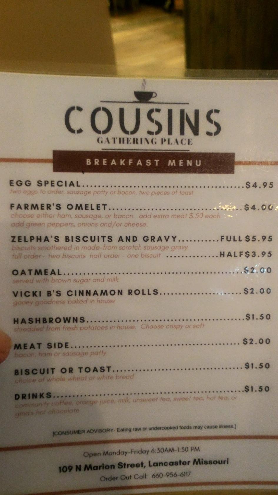 Menu at Cousins Cafe and Coffee, Lancaster